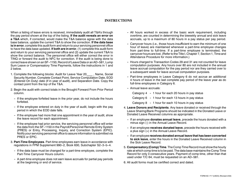 Form AD-717 Download Printable PDF or Fill Online Audit for Leave ...