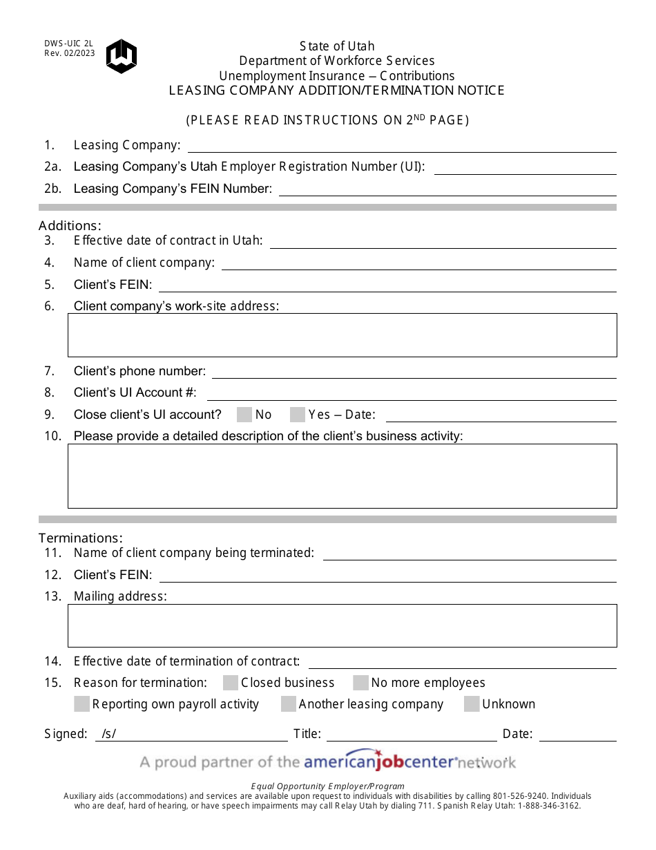 DWS-UI Form 2L - Fill Out, Sign Online and Download Fillable PDF, Utah | Templateroller