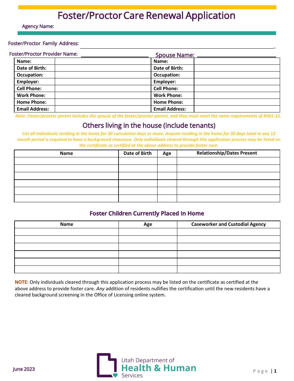 Utah Foster/Proctor Care Renewal Application - Fill Out, Sign Online ...