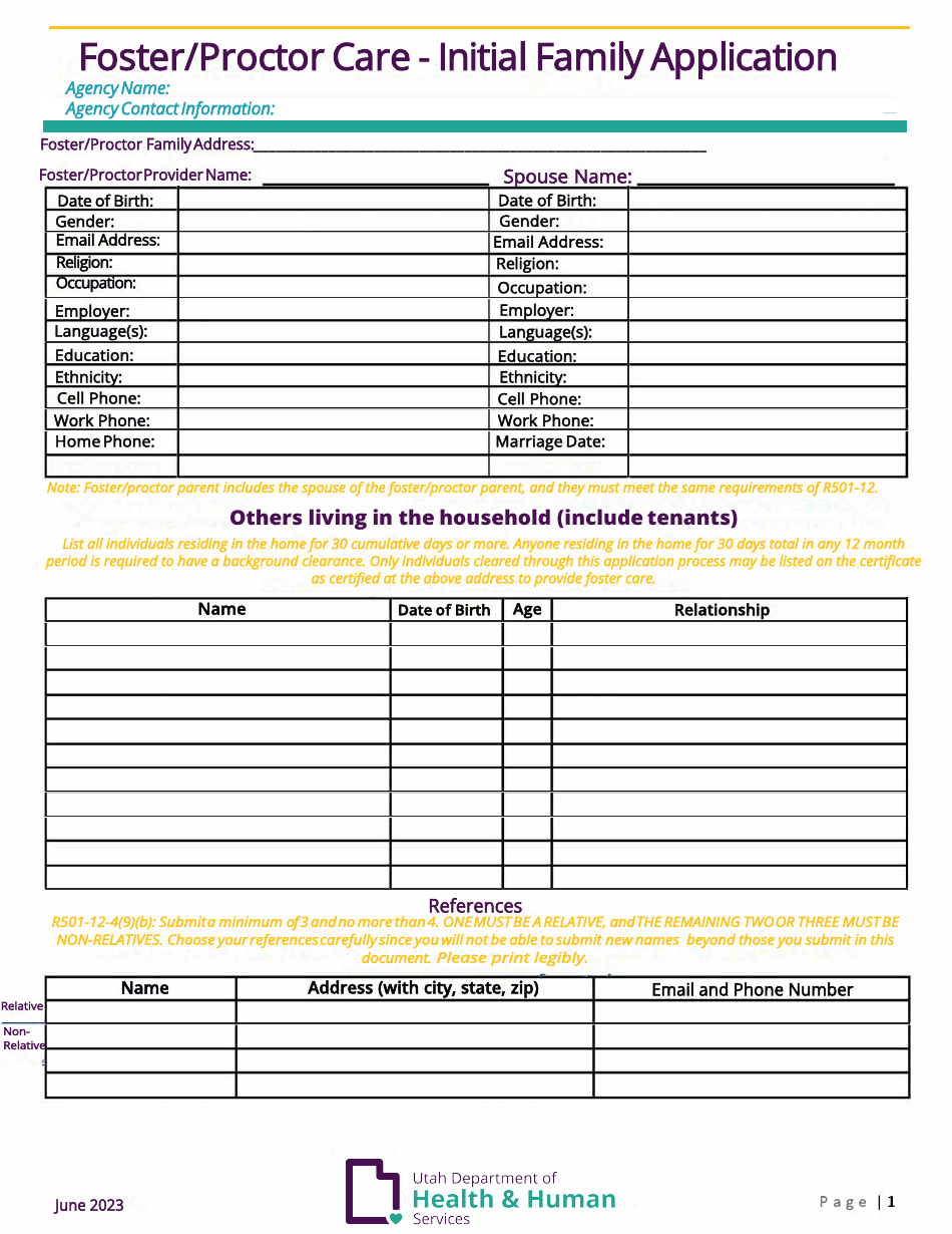 Utah Foster/Proctor Care - Initial Family Application - Fill Out, Sign ...