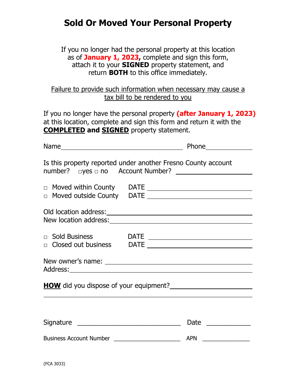 Form FCA3033 - Fill Out, Sign Online and Download Printable PDF, County ...