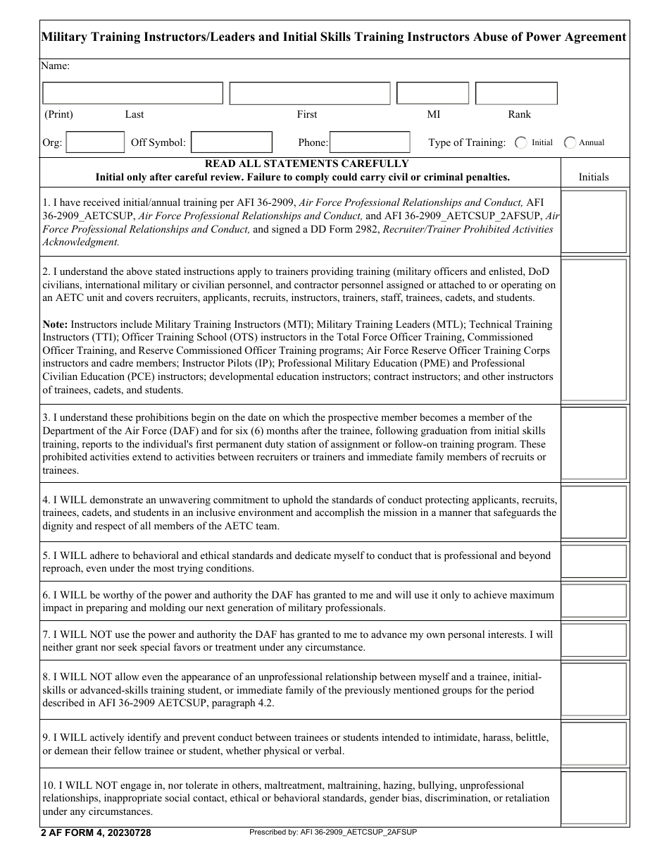 2 AF Form 4 - Fill Out, Sign Online and Download Fillable PDF ...