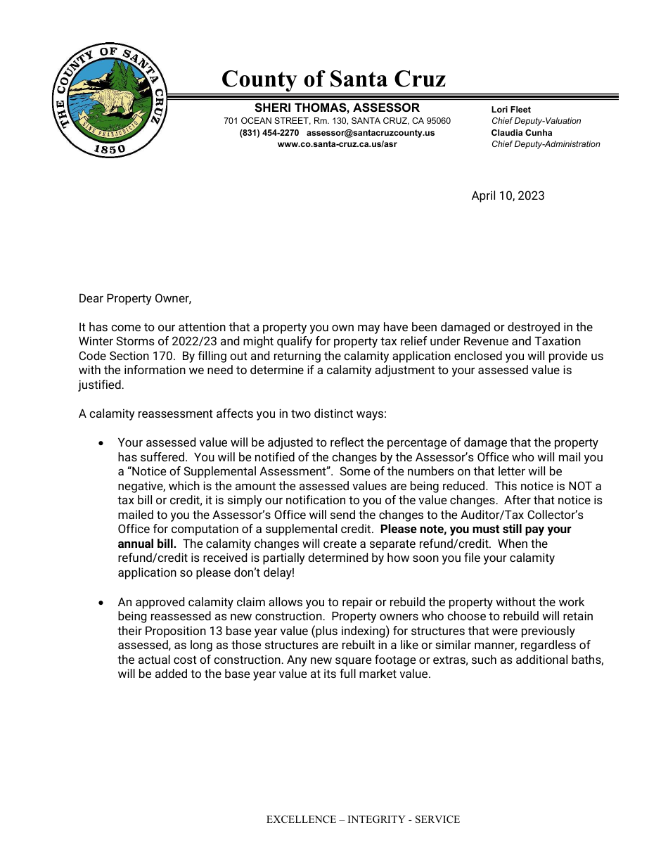 County of Santa Cruz, California Application for Reassessment of ...