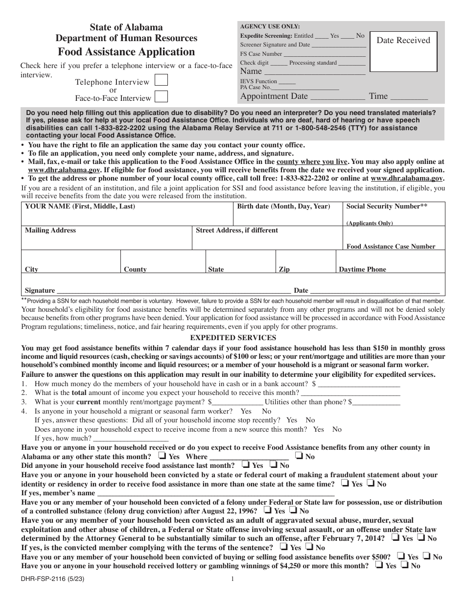 Form DHR-FSP-2116 Download Printable PDF or Fill Online Food Assistance ...
