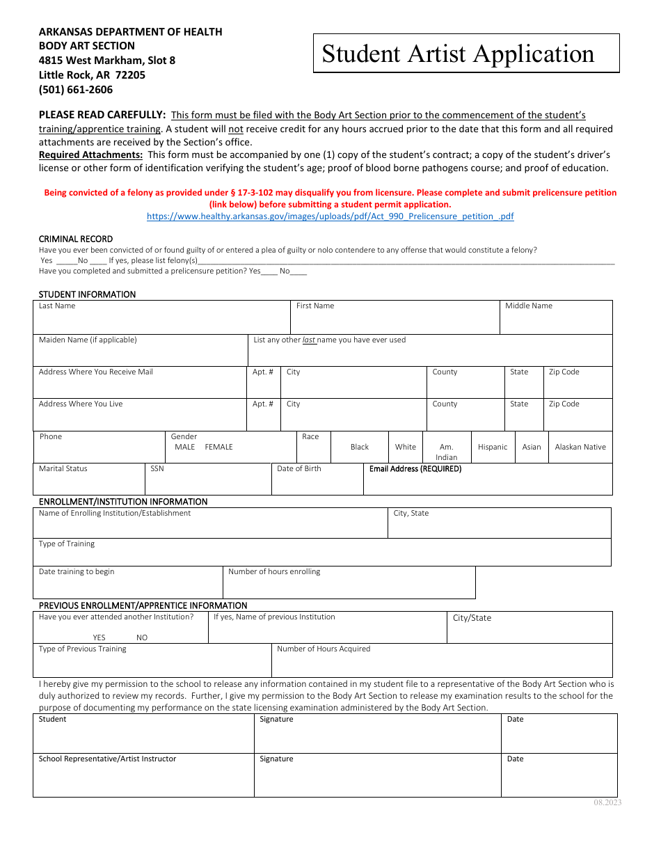 Arkansas Student Artist Application - Fill Out, Sign Online and Download PDF | Templateroller