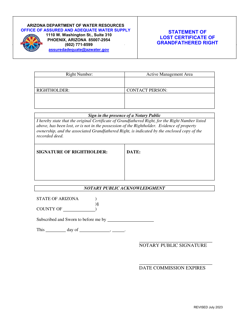 Arizona Statement of Lost Certificate of Grandfathered Right Download ...