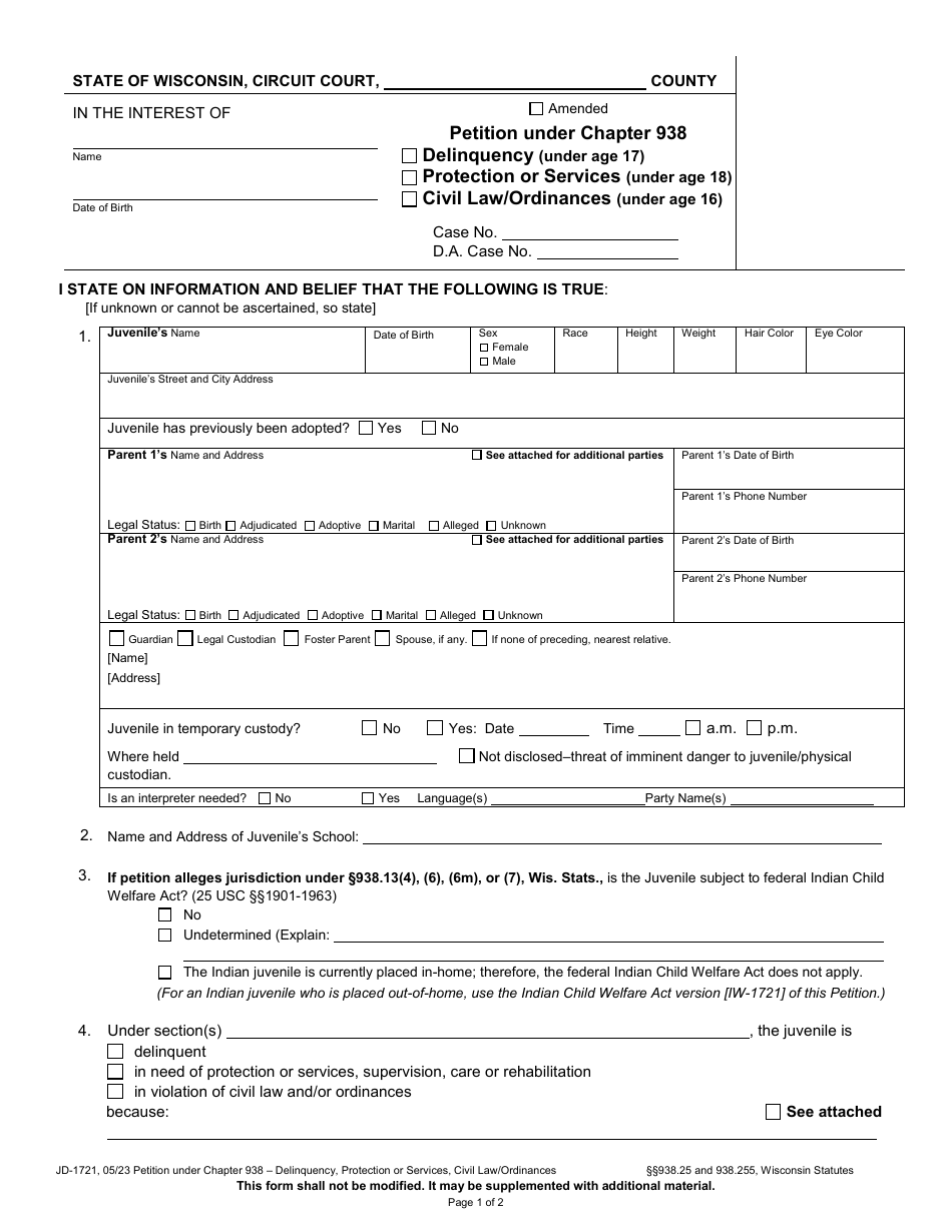 Form JD-1721 Download Printable PDF or Fill Online Petition Under ...