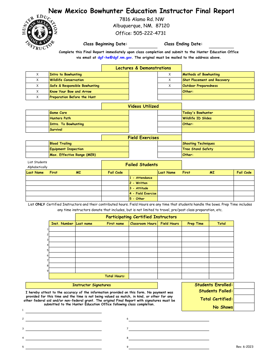 New Mexico Bowhunter Education Instructor Final Report - Fill Out, Sign Online and Download PDF ...