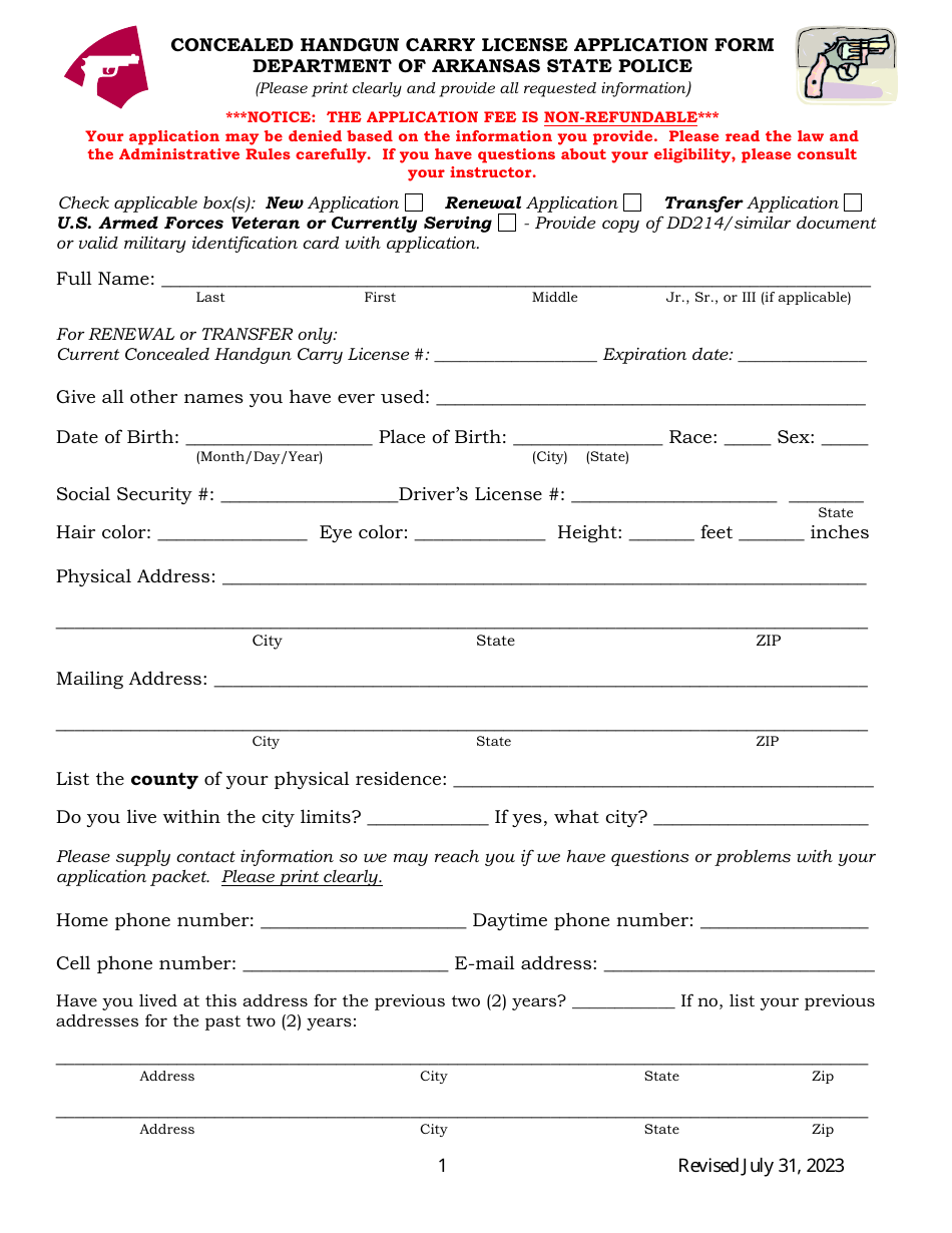 Arkansas Concealed Handgun Carry License Application Form Download ...