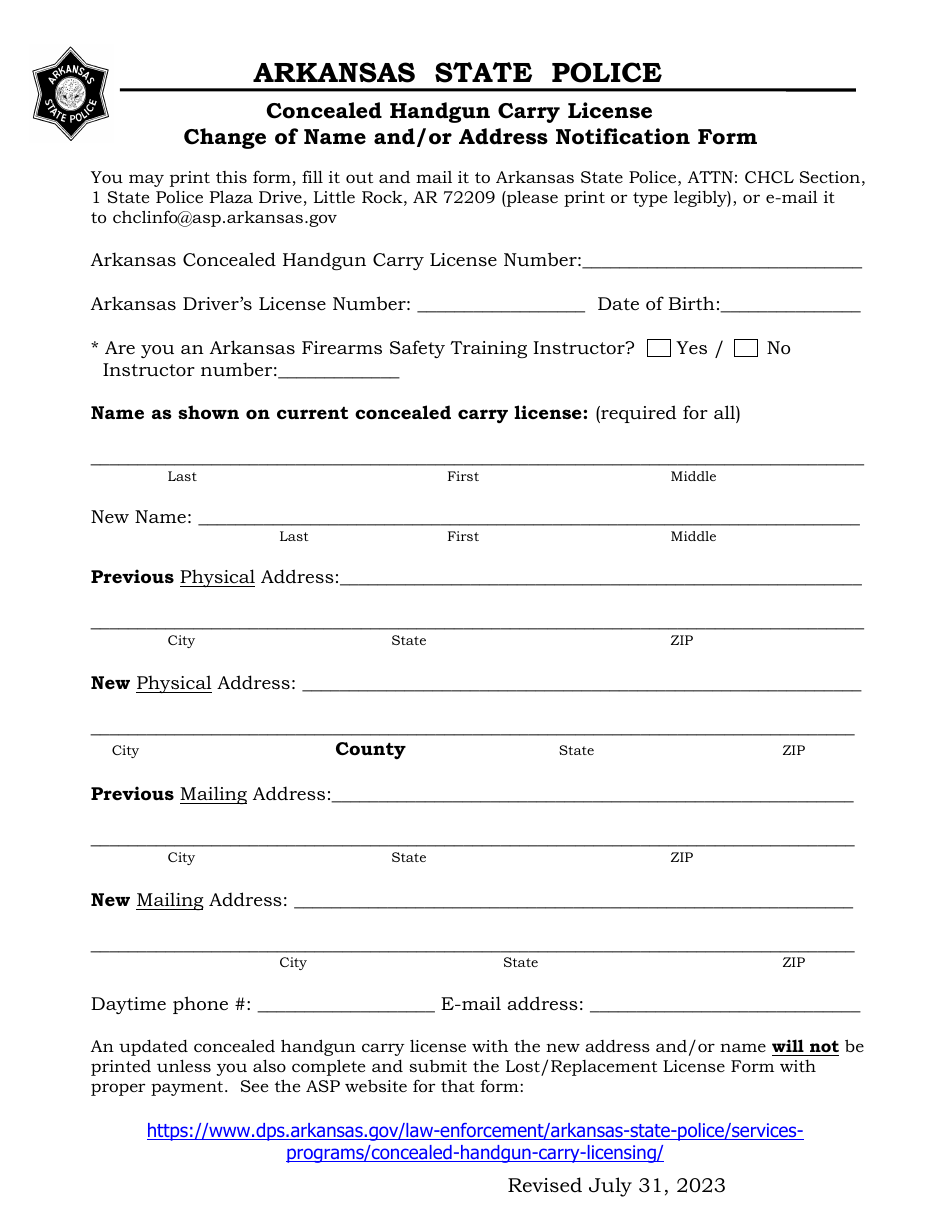 Arkansas Concealed Handgun Carry License Change of Name and/or Address ...