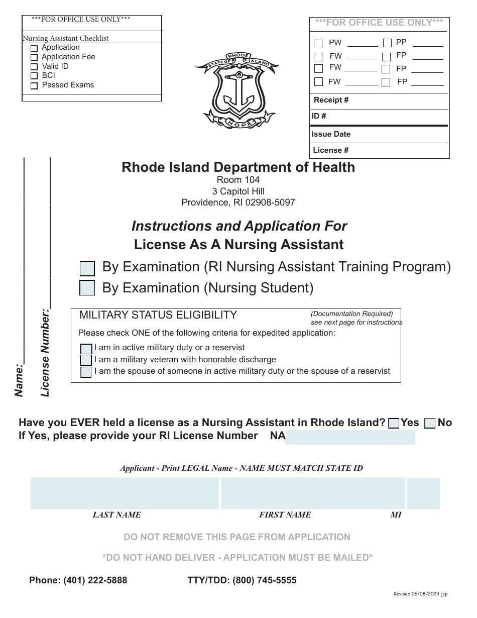 Rhode Island Application for License as a Nursing Assistant by ...
