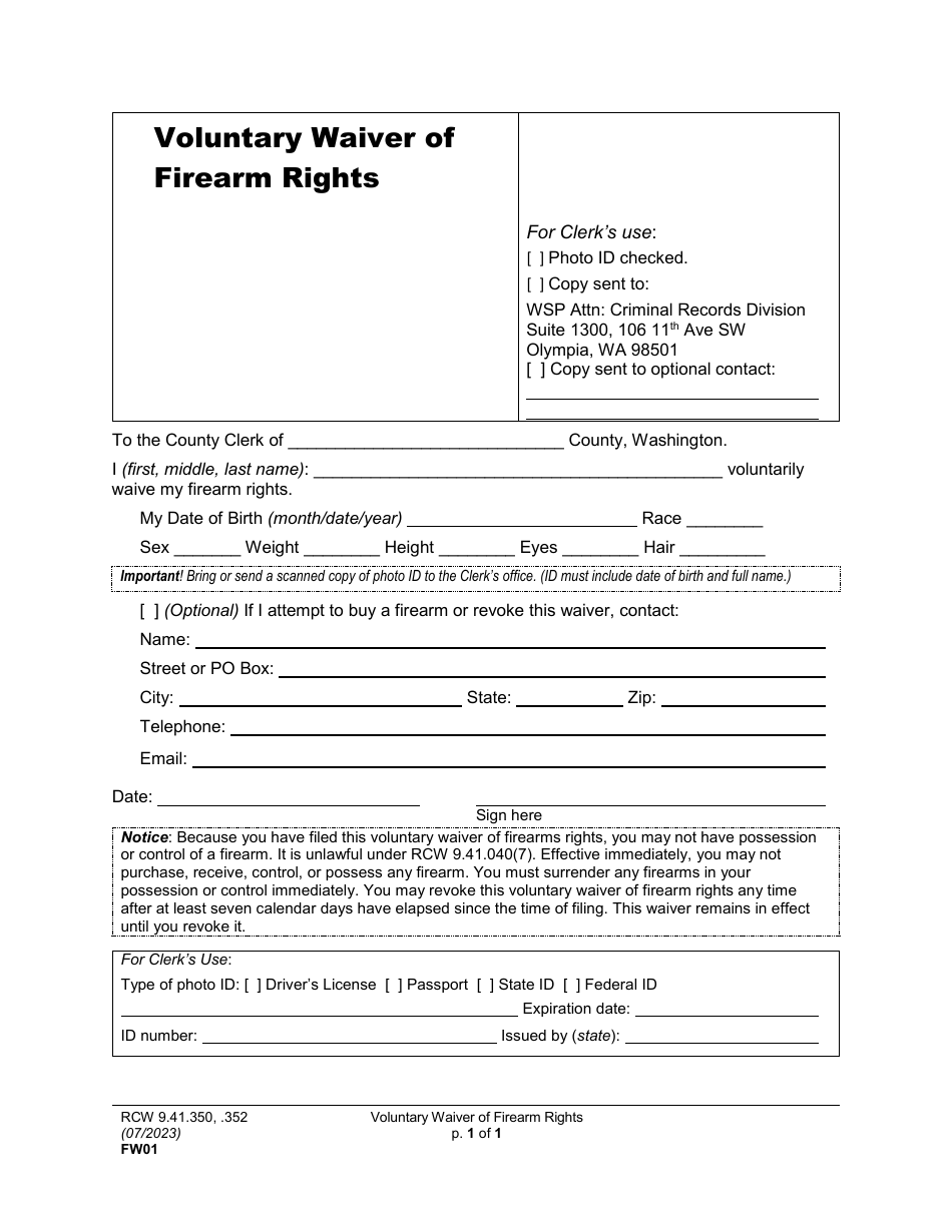 Form FW01 Download Printable PDF or Fill Online Voluntary Waiver of ...