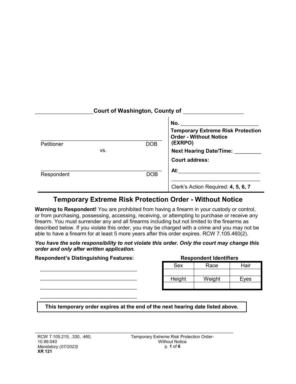 Form XR121 Download Printable PDF or Fill Online Temporary Extreme Risk ...