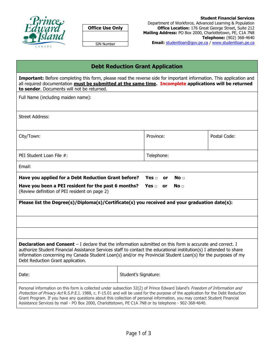 Prince Edward Island Canada Debt Reduction Grant Application - Fill Out, Sign Online and ...