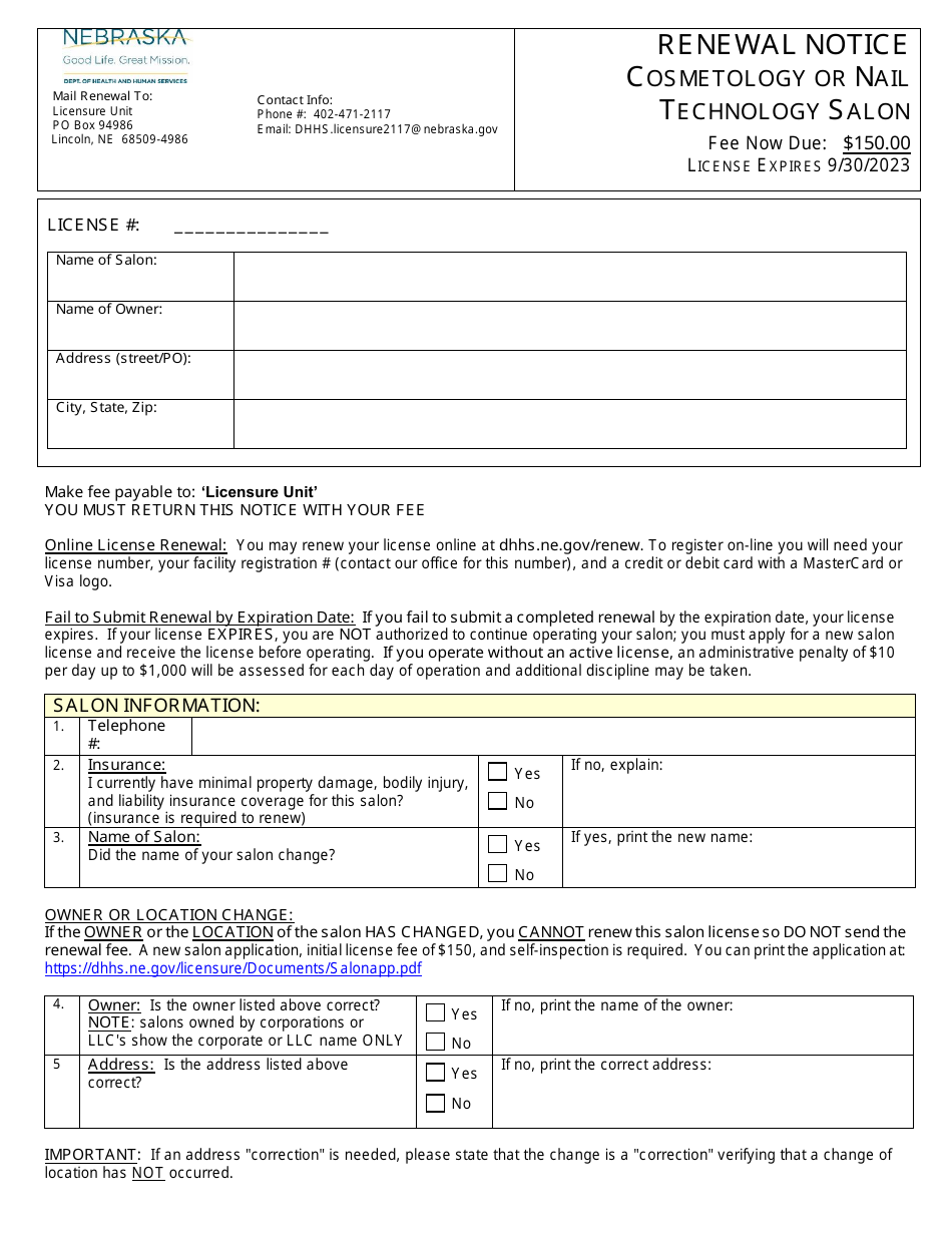 Nebraska Renewal Notice - Cosmetology or Nail Technology Salon - Fill ...