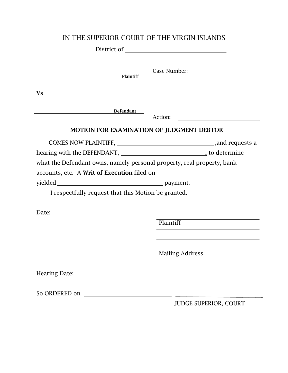 Virgin Islands Motion for Examination of Judgment Debtor - Fill Out ...