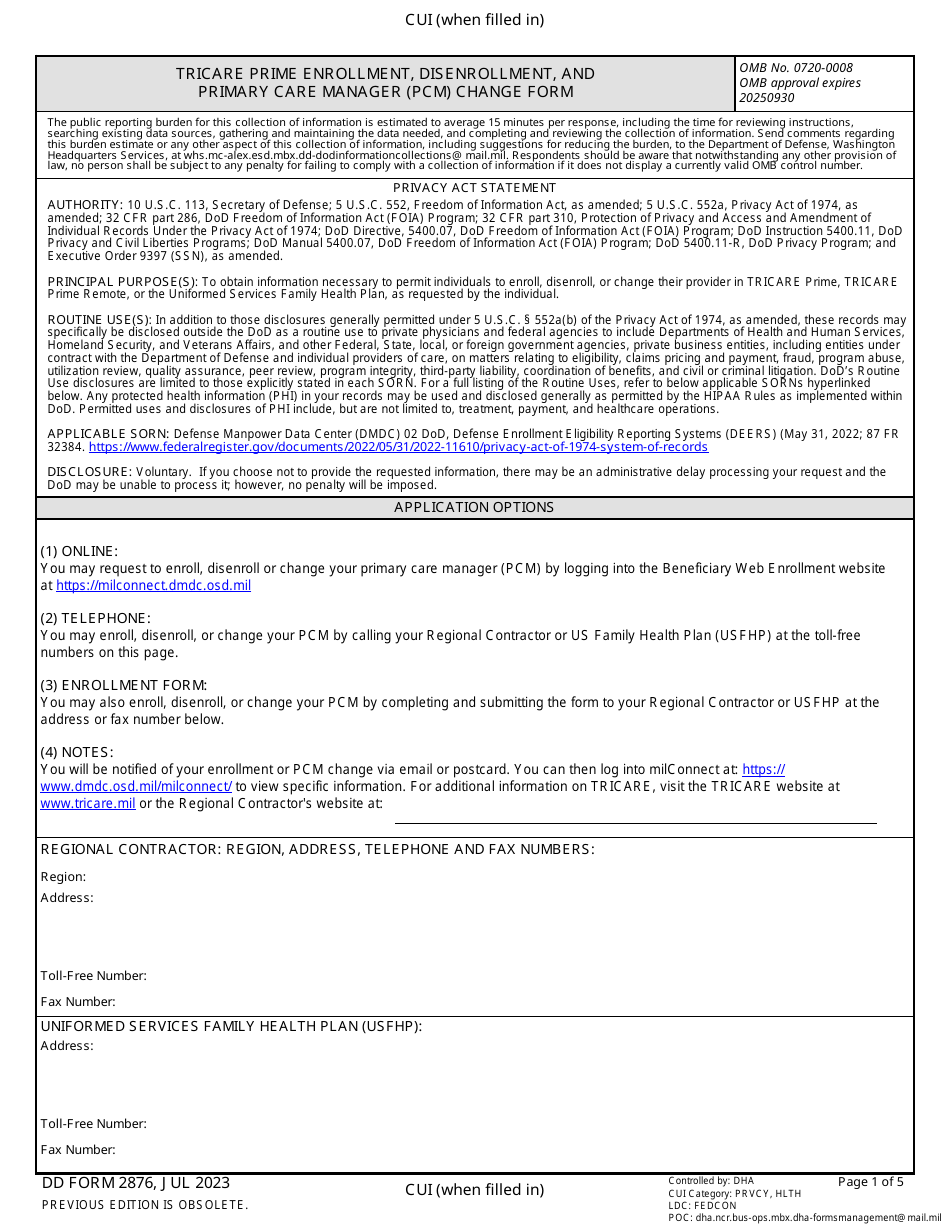 DD Form 2876 Download Fillable PDF or Fill Online TRICARE Prime ...