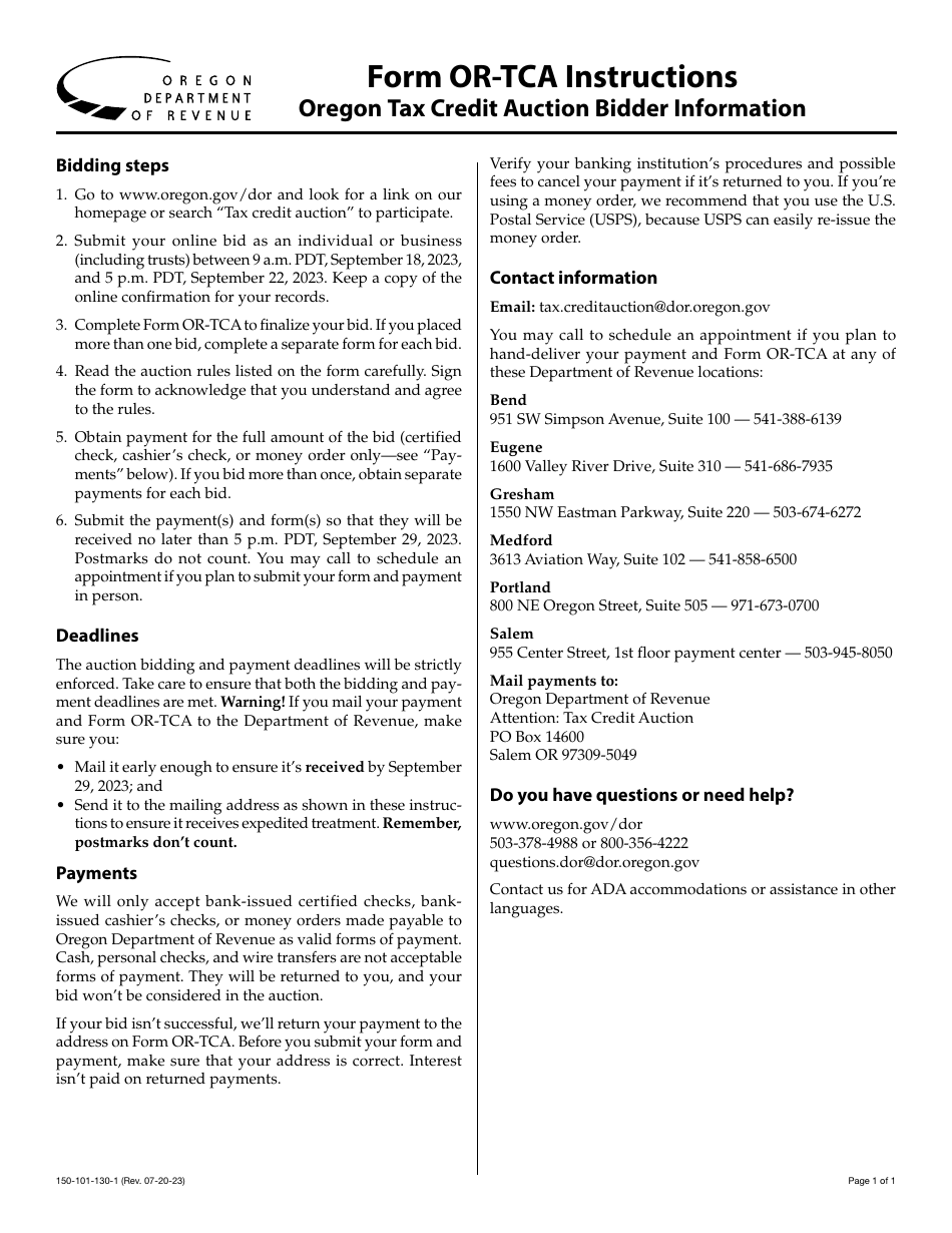 Download Instructions for Form OR-TCA, 150-101-130 Tax Credit Auction ...