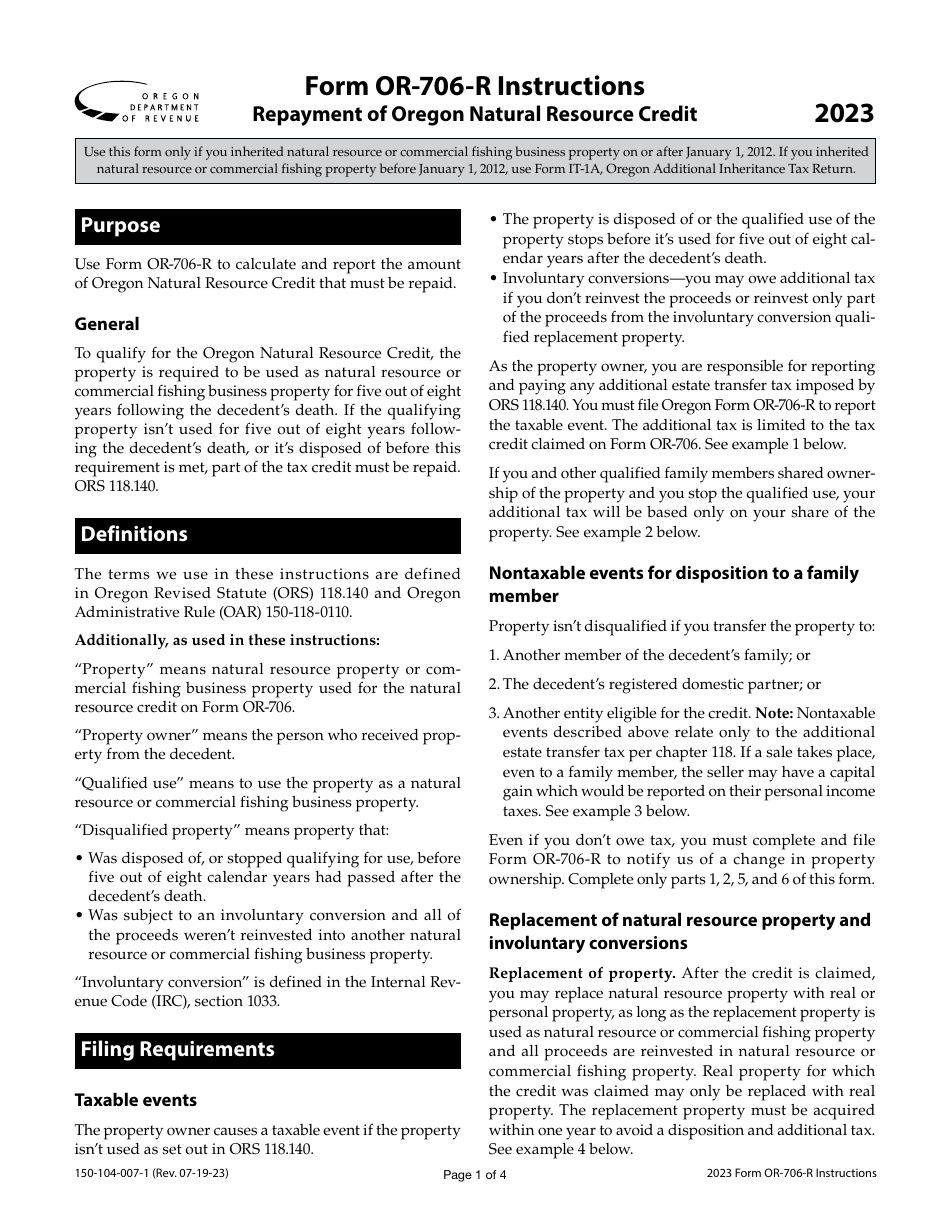 Download Instructions for Form OR-706-R, 150-104-007 Repayment of ...