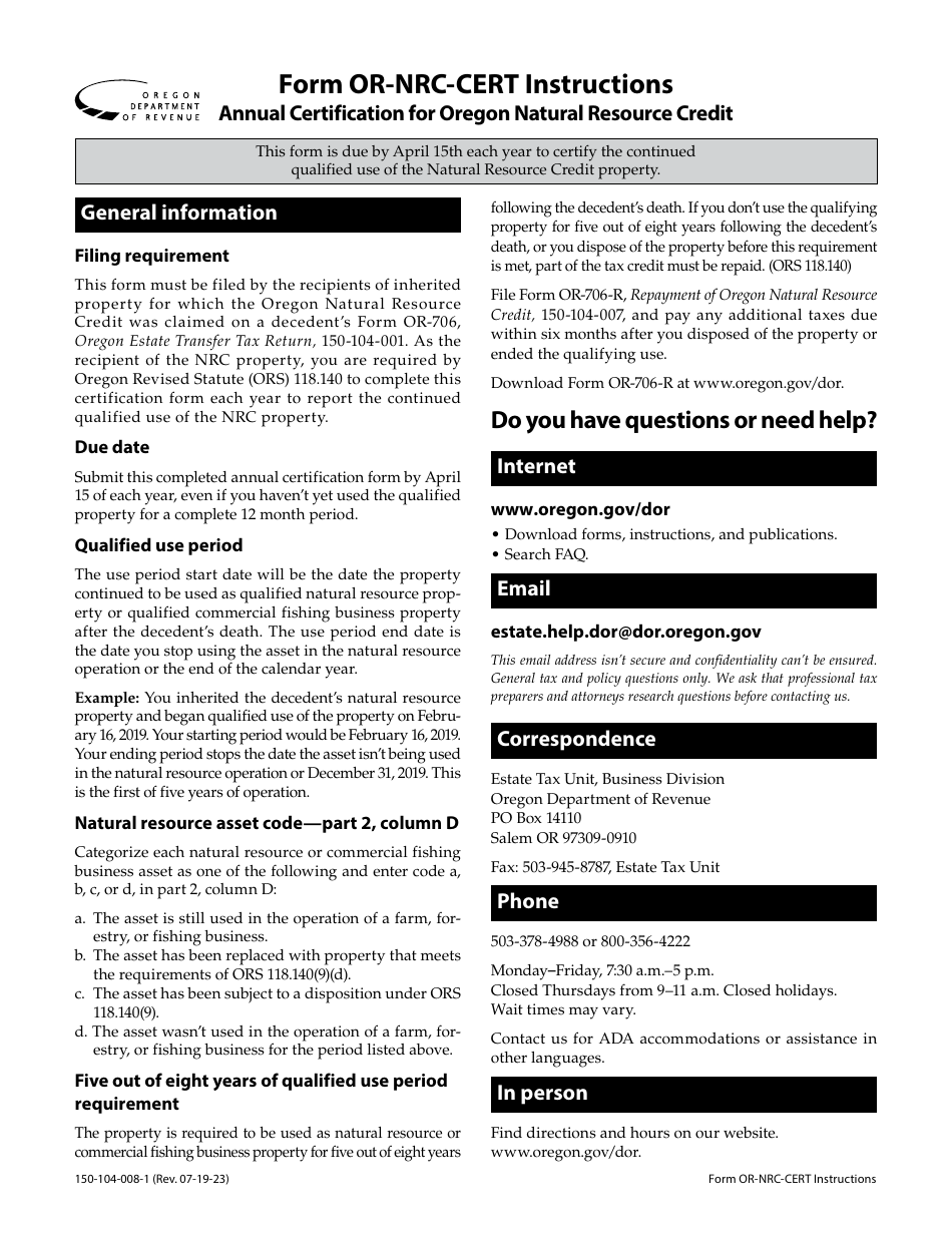 Download Instructions for Form OR-NRC-CERT, 150-104-008 Annual ...