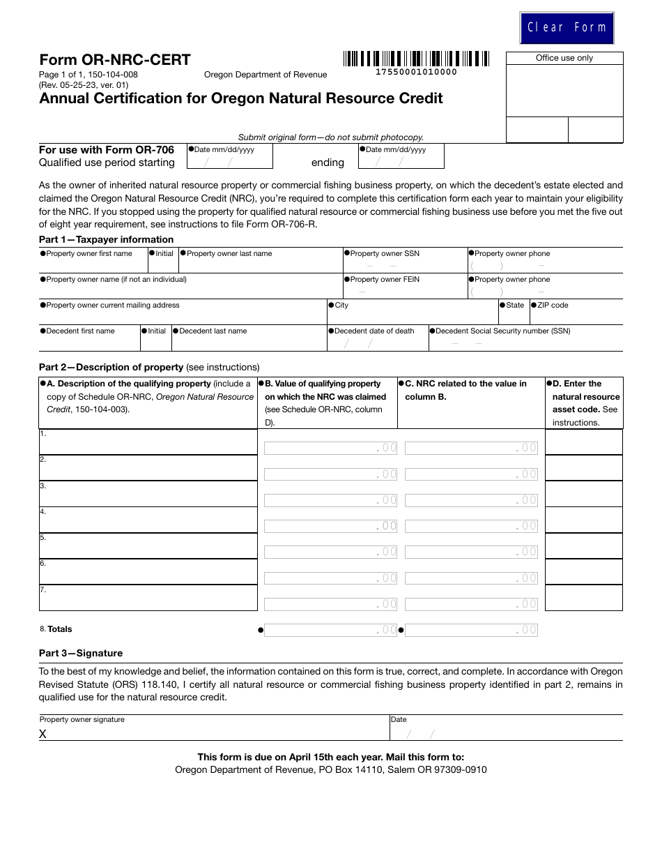 Form OR-NRC-CERT - Fill Out, Sign Online and Download Fillable PDF, Oregon | Templateroller