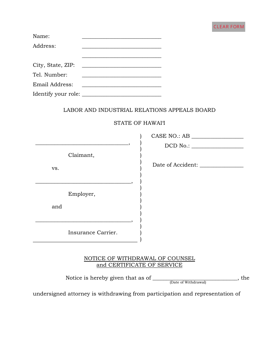 Hawaii Notice of Withdrawal of Counsel and Certificate of Service - Fill Out, Sign Online and ...
