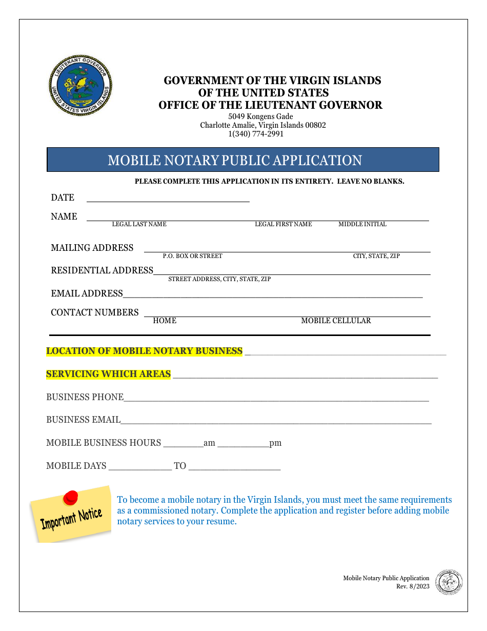 Virgin Islands Mobile Notary Public Application Download Printable PDF ...