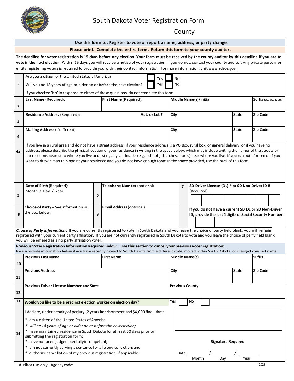South Dakota South Dakota Voter Registration Form Download Fillable PDF ...
