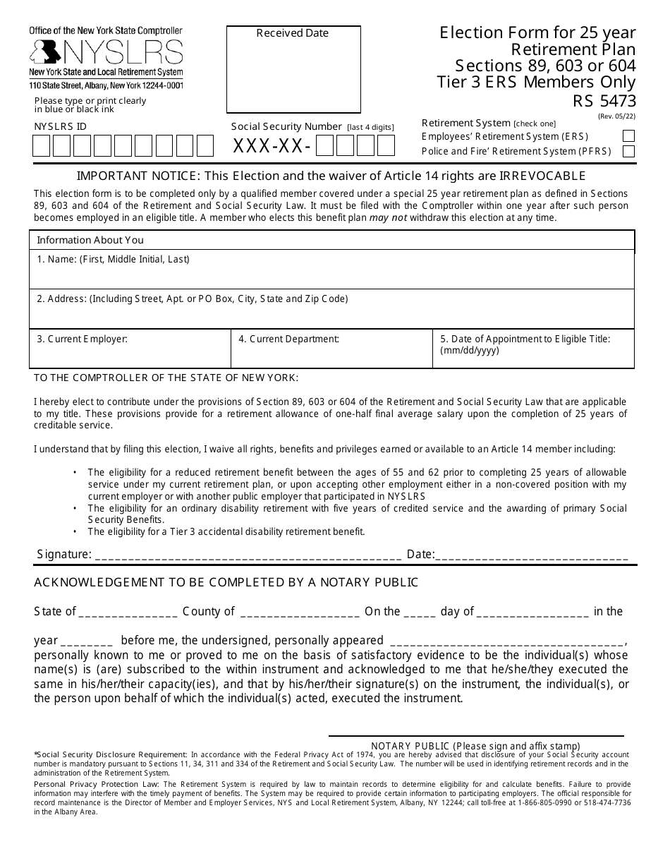 Form RS5473 Download Fillable PDF or Fill Online Election Form for 25 ...