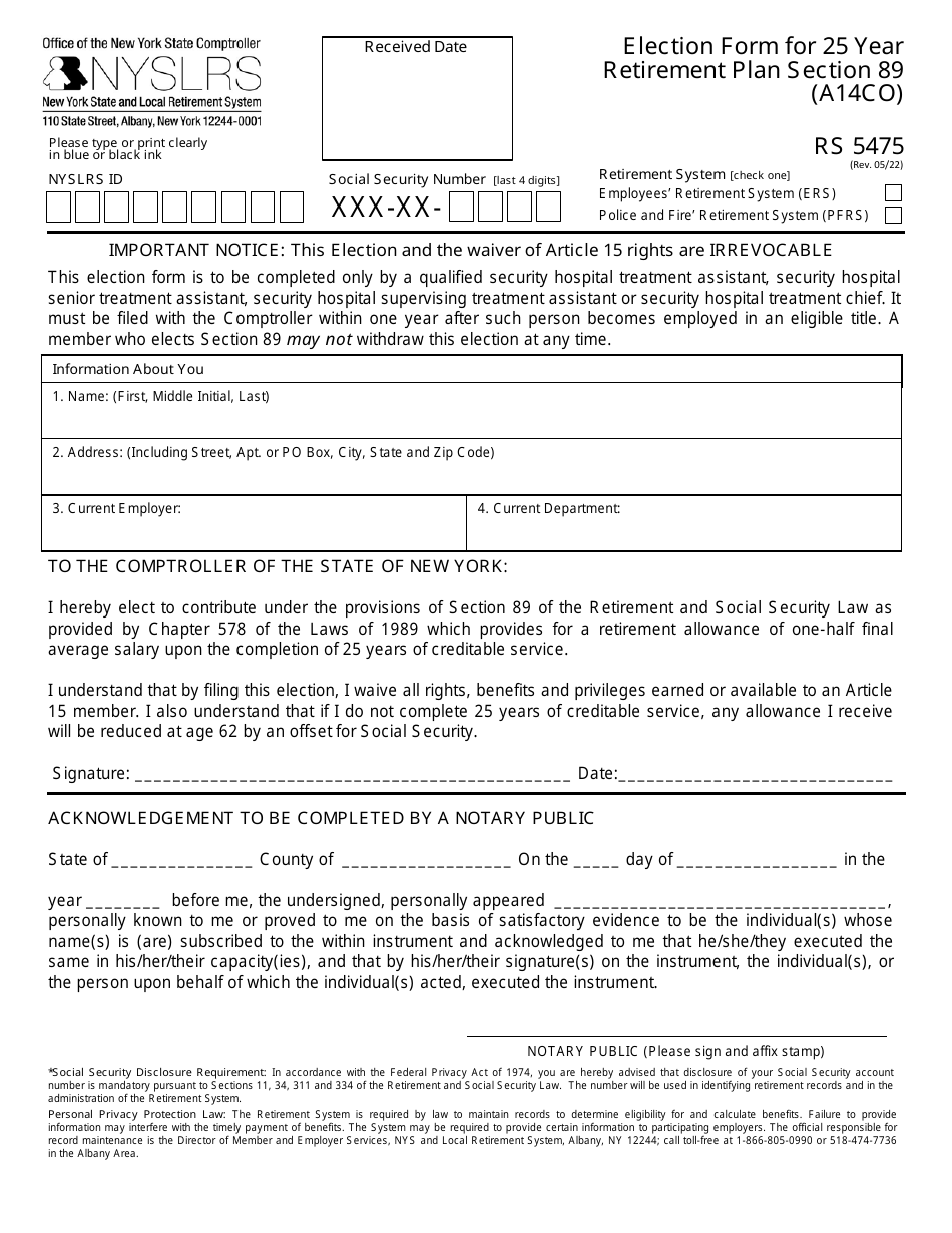 Form RS5475 Download Fillable PDF or Fill Online Election Form for 25 ...