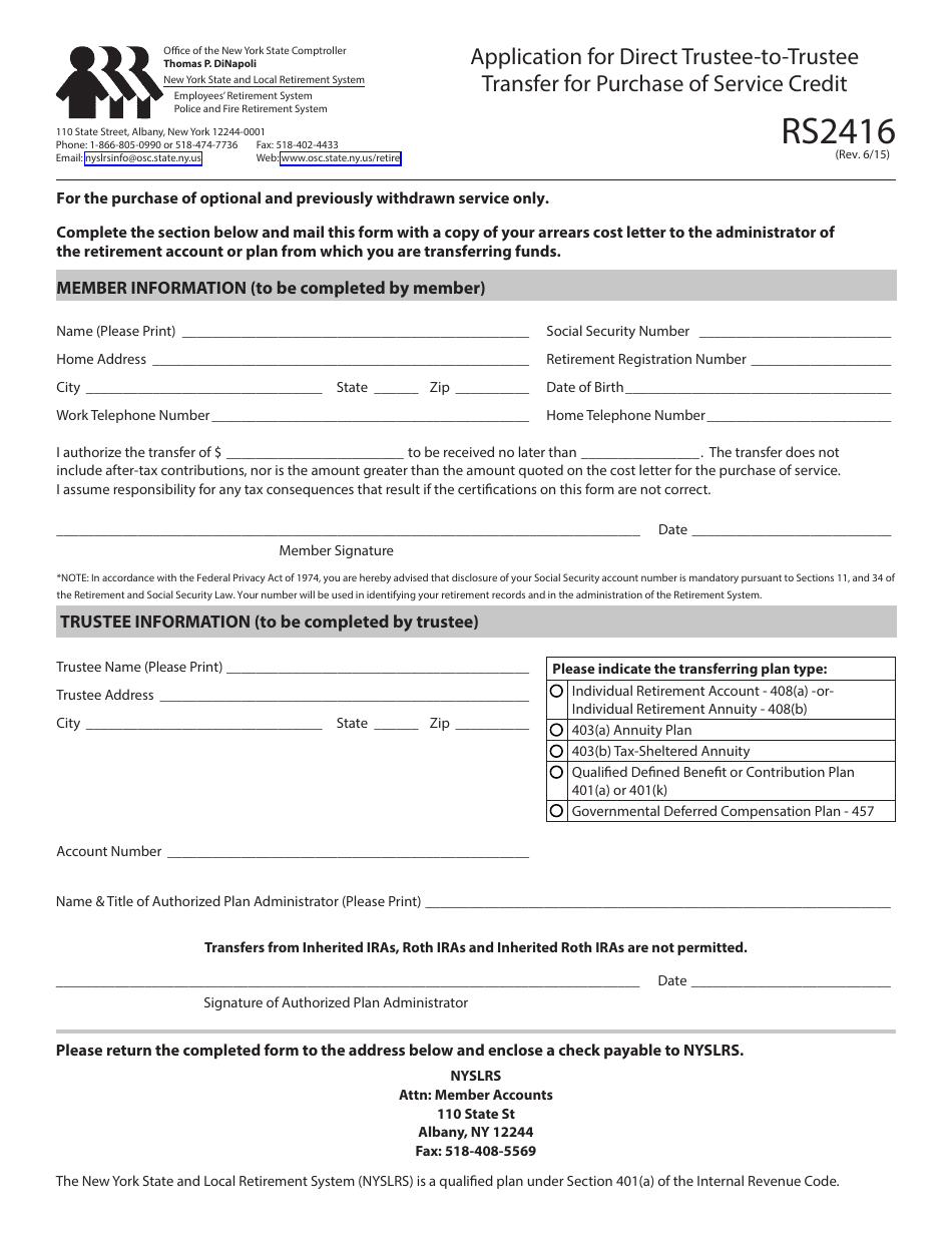 Form RS2416 Download Fillable PDF or Fill Online Application for Direct ...