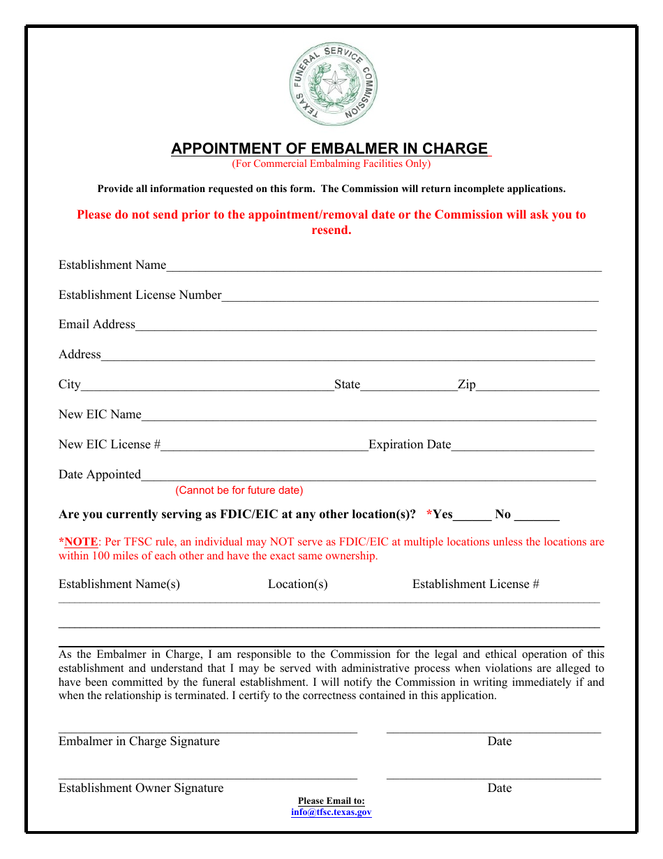 Texas Appointment of Embalmer in Charge - Fill Out, Sign Online and ...