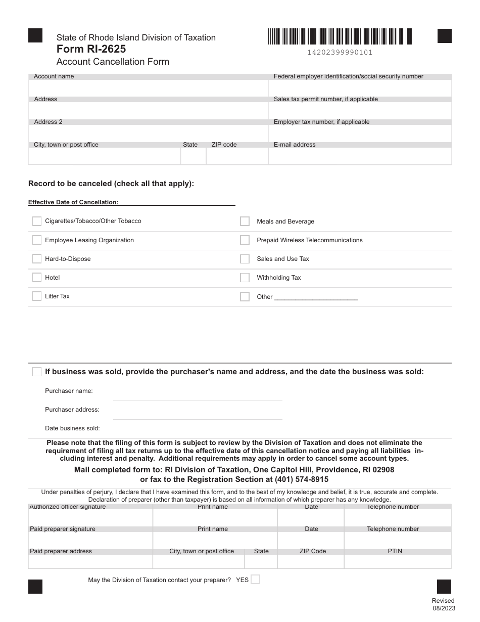 Form RI-2625 Download Printable PDF or Fill Online Account Cancellation ...