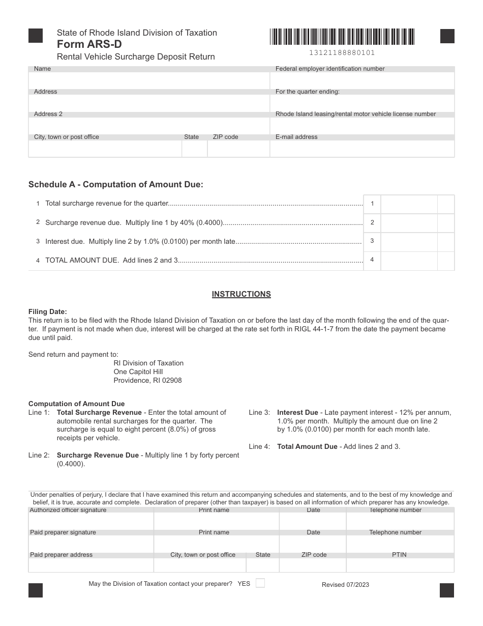 Form ARS-D Download Fillable PDF or Fill Online Rental Vehicle Surcharge Deposit Return, Rhode ...