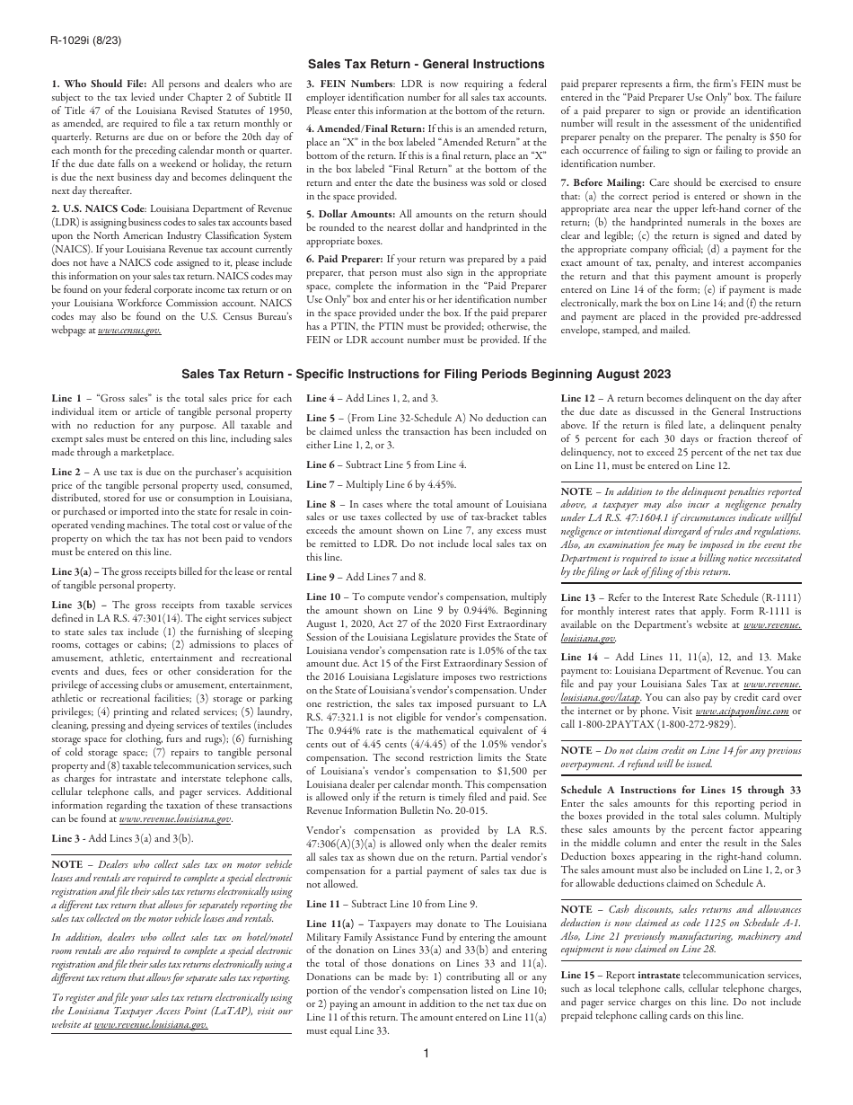 Download Instructions for Form R-1029 Sales Tax Return PDF | Templateroller