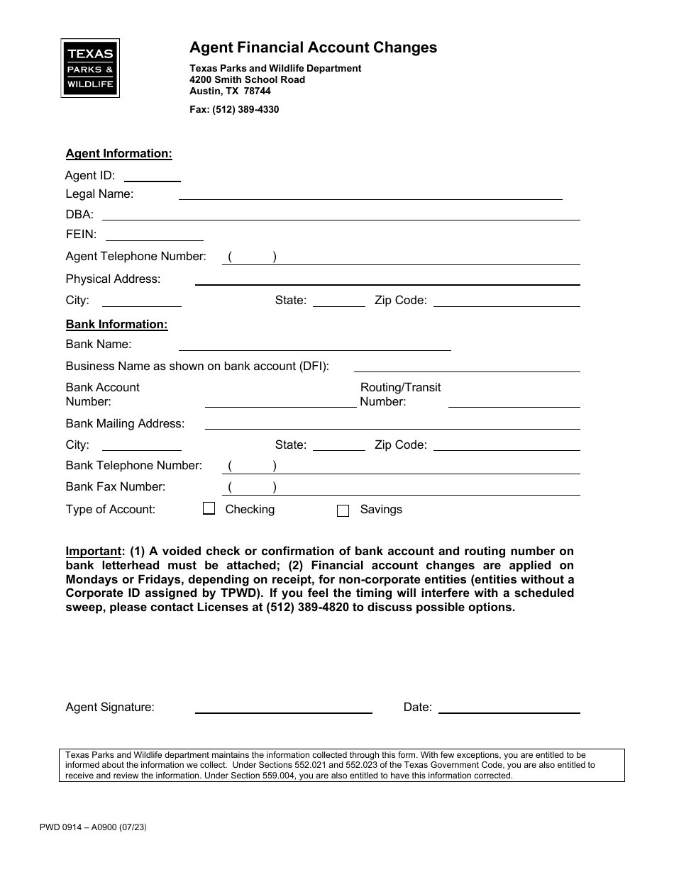 Form PWD0914 Download Fillable PDF or Fill Online Agent Financial ...
