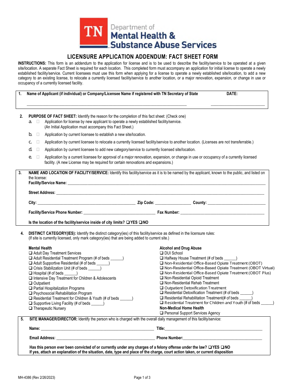 Form MH-4386 Download Fillable PDF or Fill Online Licensure Application ...