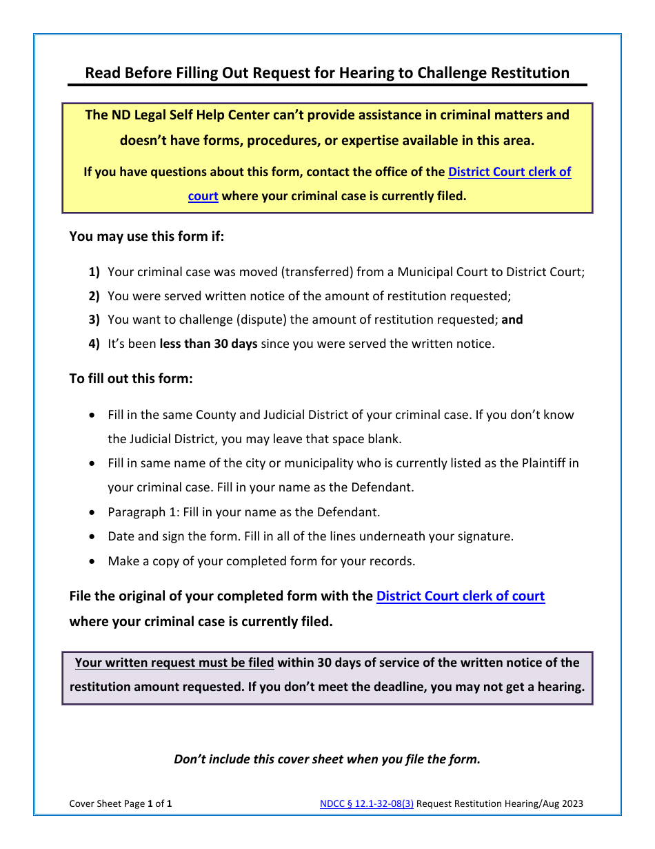 North Dakota Request for Hearing to Challenge Restitution - Fill Out ...