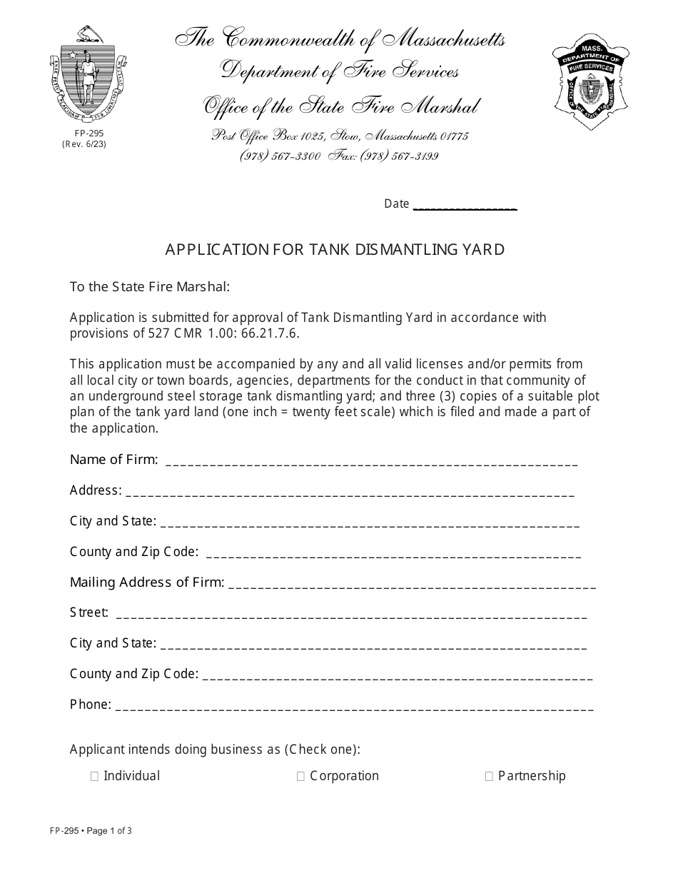 Form FP-295 Download Printable PDF or Fill Online Application for Tank ...