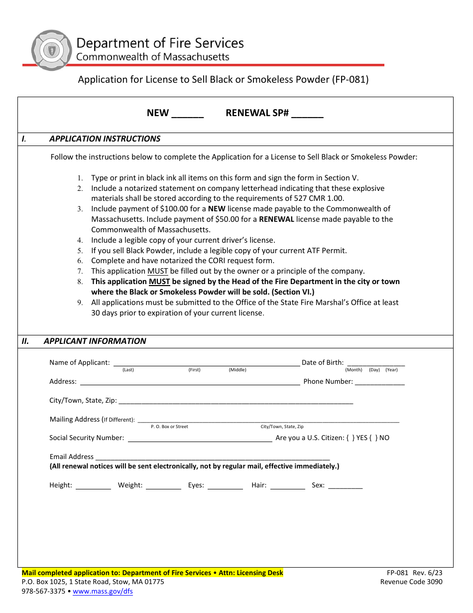 Form FP-081 Download Printable PDF or Fill Online Application for License to Sell Black or ...