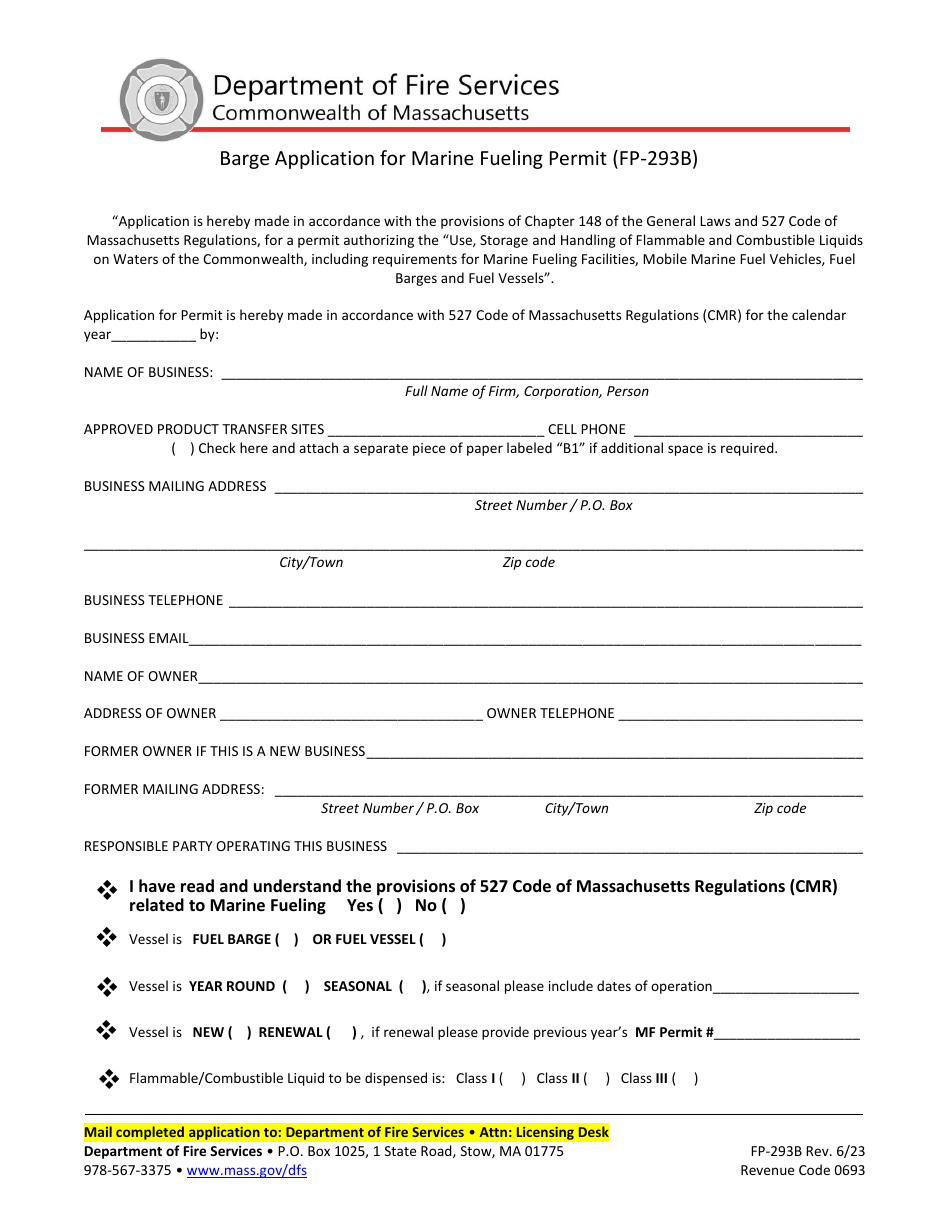 Form FP-293B Download Printable PDF or Fill Online Barge Application ...