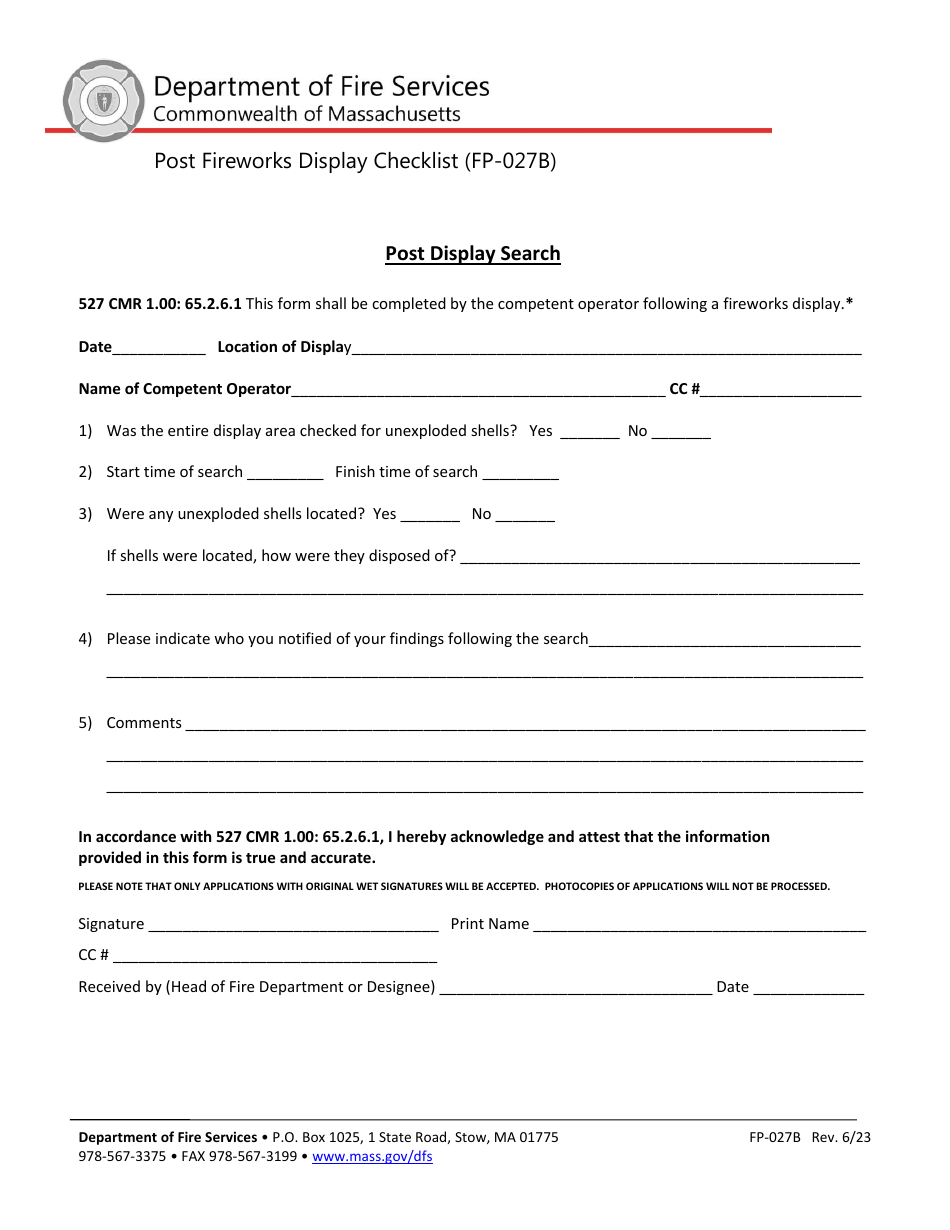 Form FP-027B - Fill Out, Sign Online and Download Printable PDF, Massachusetts | Templateroller