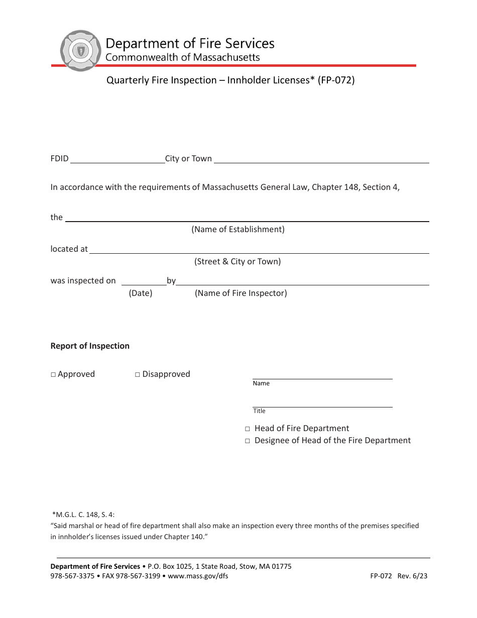 Form FP-072 Download Printable PDF or Fill Online Quarterly Fire ...