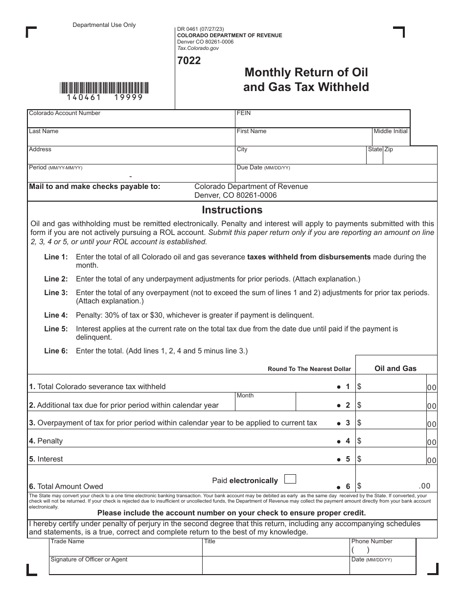Form DR0461 Download Fillable PDF or Fill Online Monthly Return of Oil ...