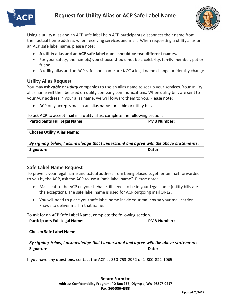 Washington Request for Utility Alias or Acp Safe Label Name - Fill Out, Sign Online and Download ...
