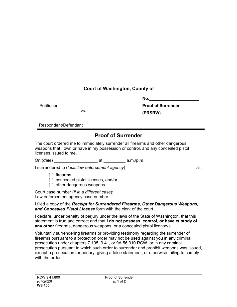 Form WS100 Download Printable PDF or Fill Online Proof of Surrender ...
