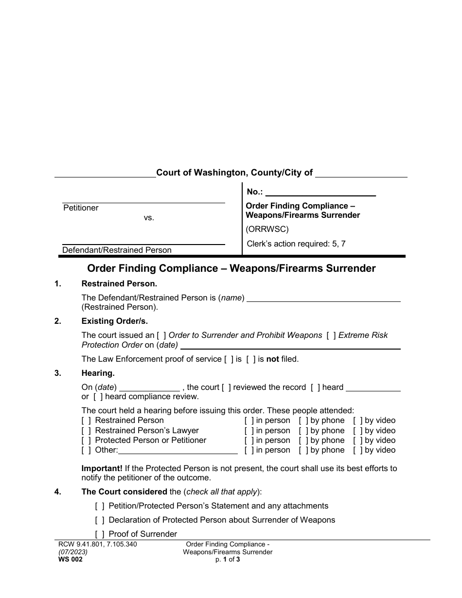 Form WS002 Download Printable PDF or Fill Online Order Finding ...