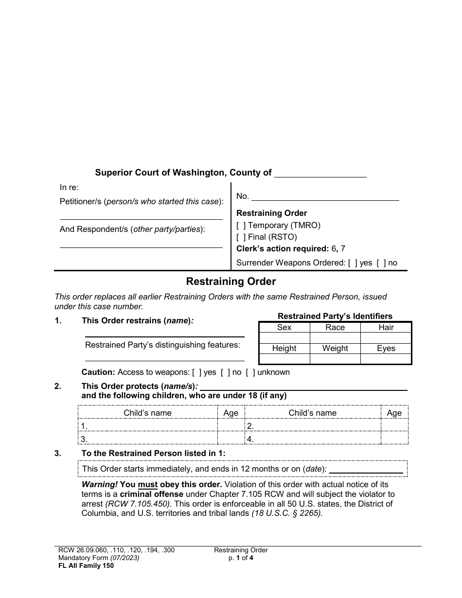 Form FL All Family150 Download Printable PDF or Fill Online Restraining ...