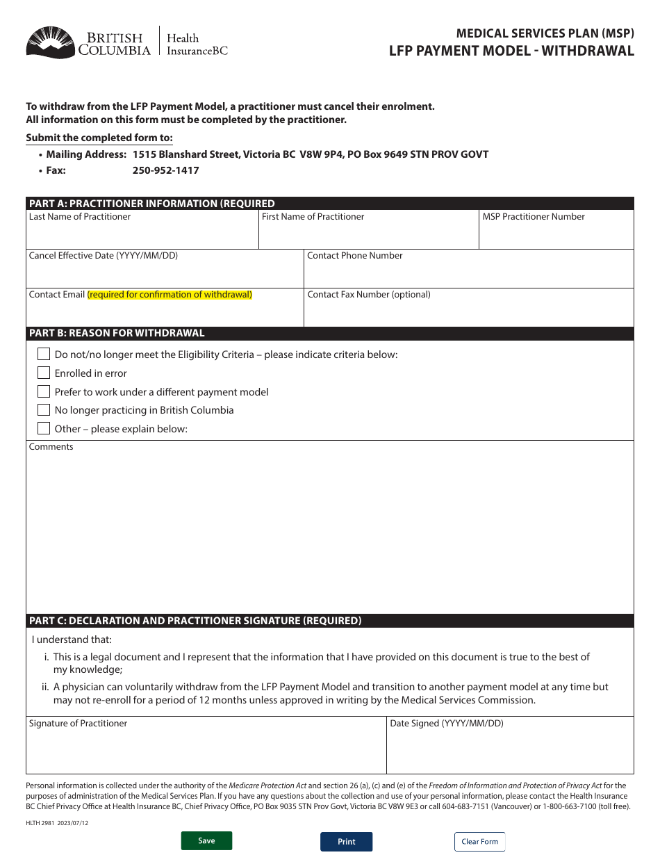 Form HLTH2981 Download Fillable PDF or Fill Online Medical Services ...