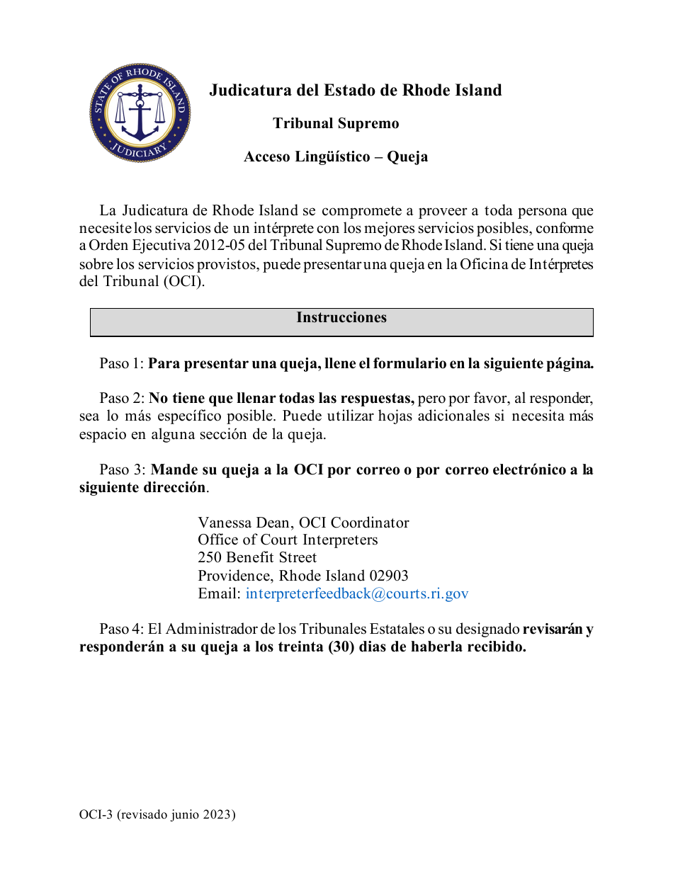 Formulario OCI-3 - Fill Out, Sign Online and Download Fillable PDF, Rhode Island (Spanish ...